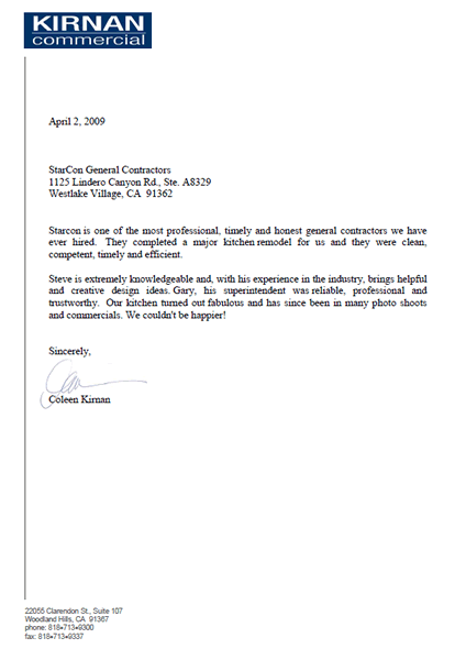 Coleen Kirnan Testimonial Letter » StarCon General Contractors